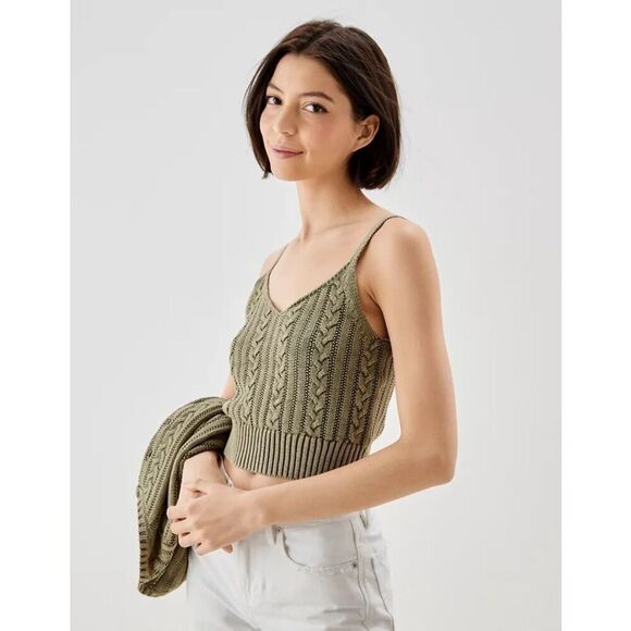 American Eagle Outfitters | Tops | Americaneagle Olive Green Cable Knit ...